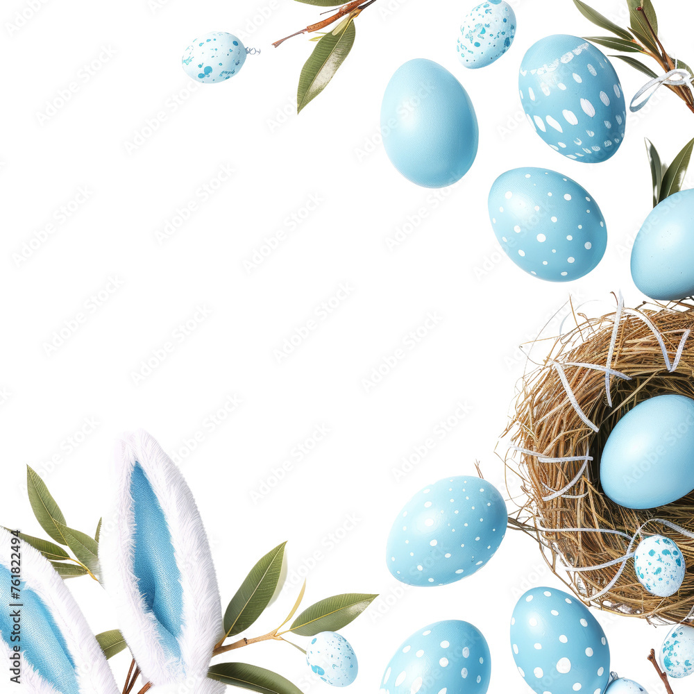 Easter themed border with blue eggs in a nest and bunny ears. Easter ...