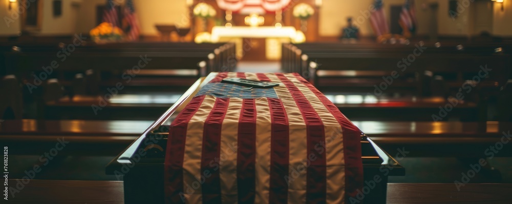 American flag draped a coffin at military funeral inside a church ...