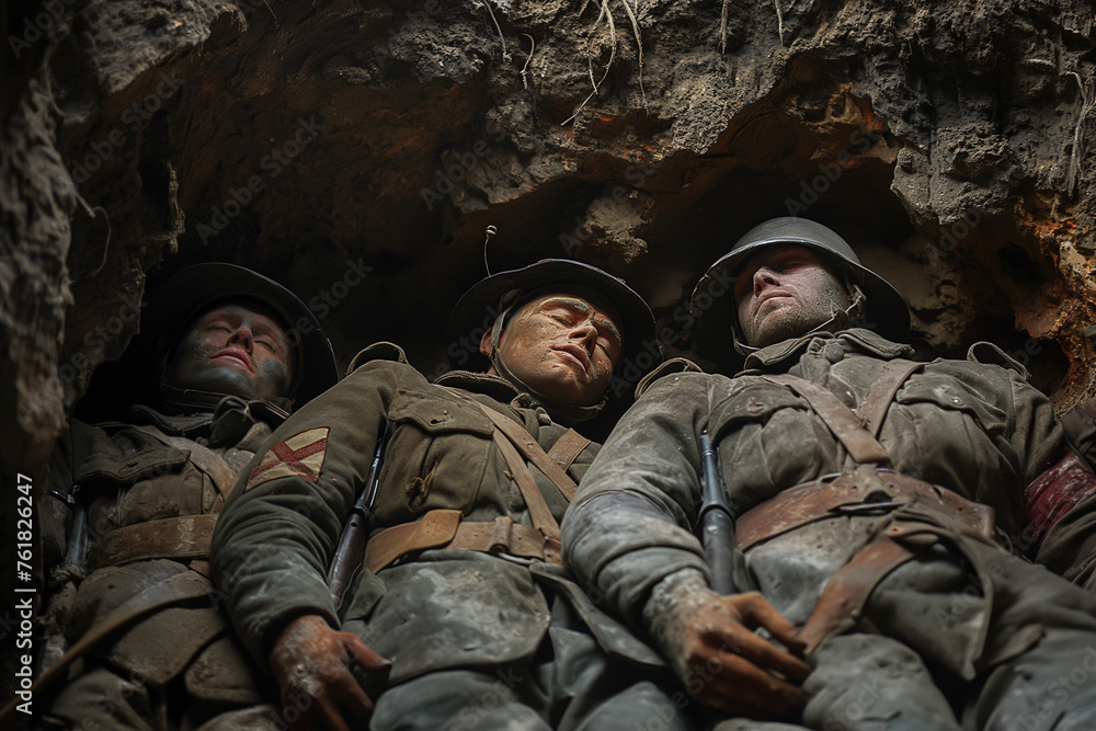 Soldiers in the First World War resting in the trenches, soldiers tired ...