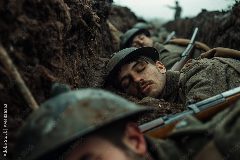 Soldiers in the First World War resting in the trenches, soldiers tired ...