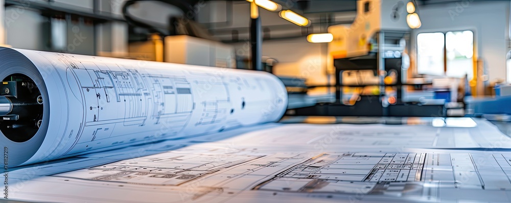 Interior of an architect's office with detailed blueprint on plotter ...