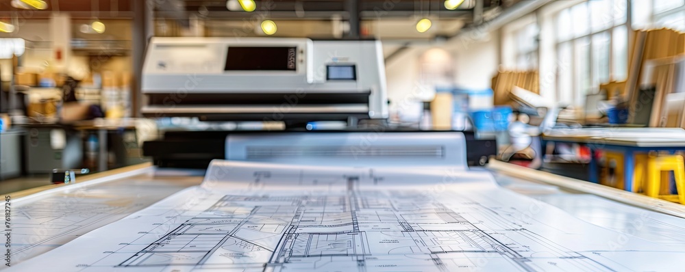Interior of an architect's office with detailed blueprint on plotter ...