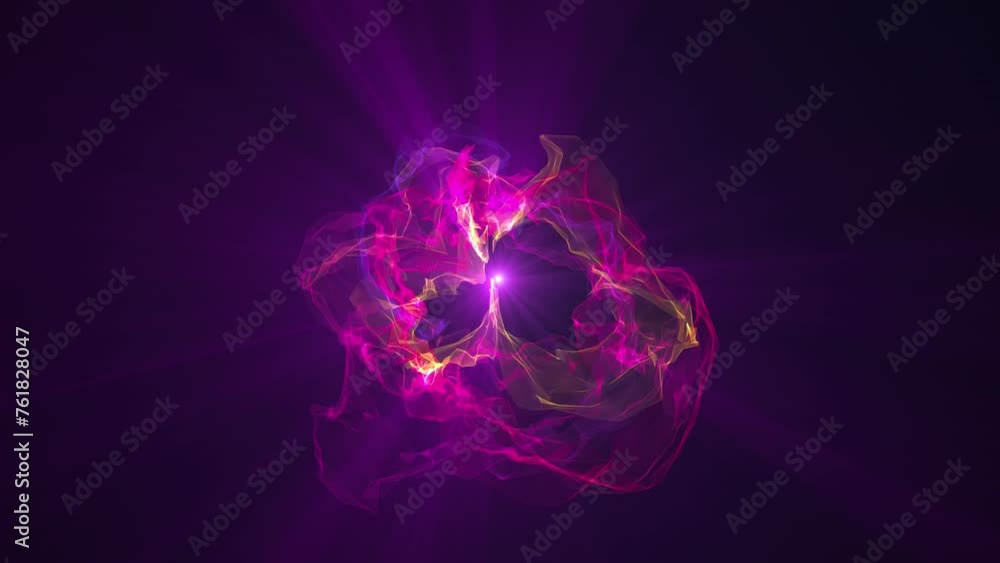 Abstract glowing looped light hi-tech energy violet golden sphere atom ...