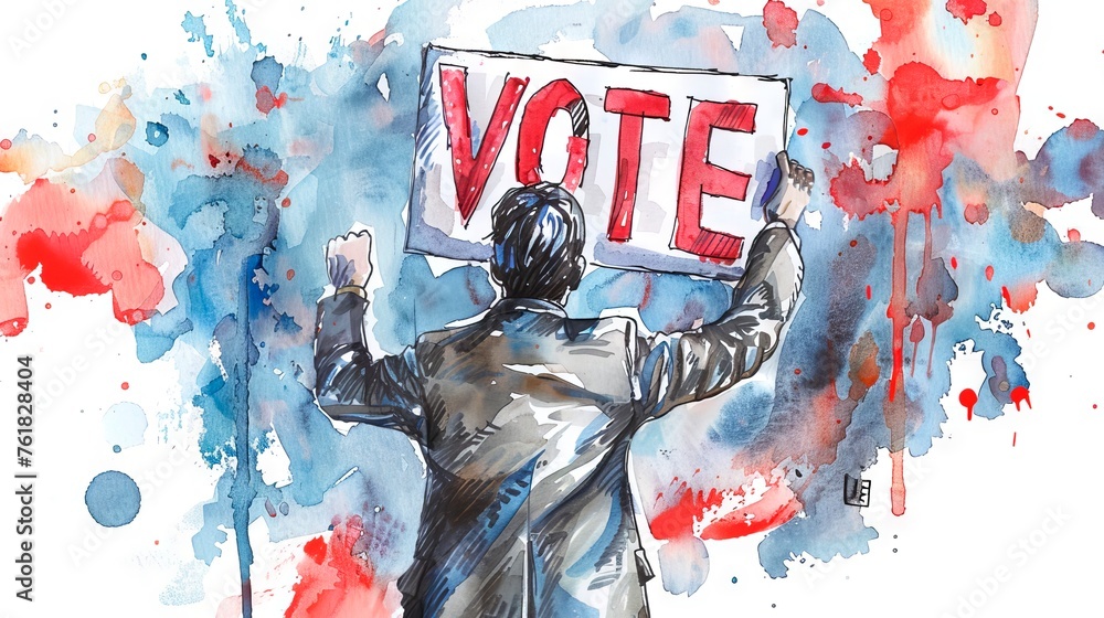 Back view of man holding up a VOTE sign, set against a vibrant ...