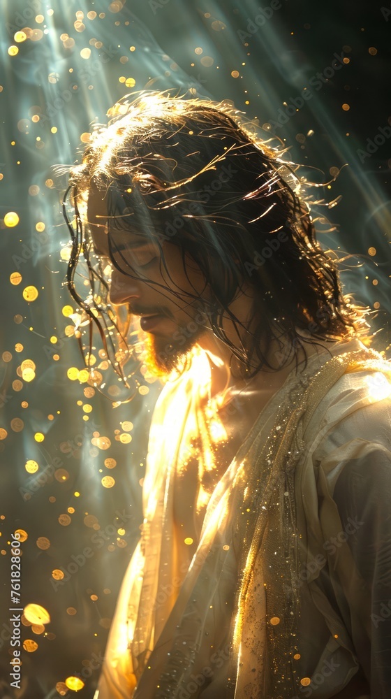 Jesus Christ in prayer, surrounded by swirl of golden lights. Concept ...