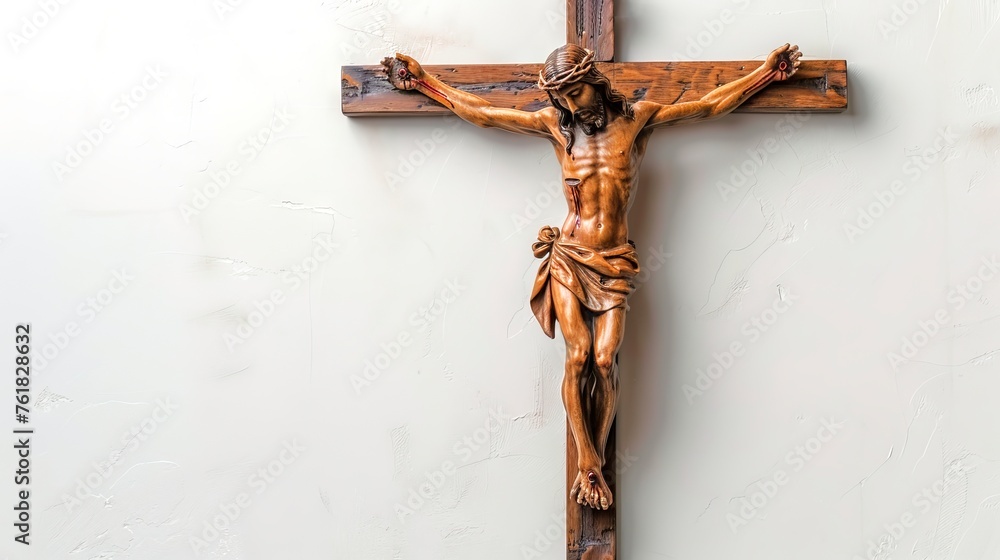 Sculpture of Jesus Christ on the cross. Wooden crucifix of the Savior ...
