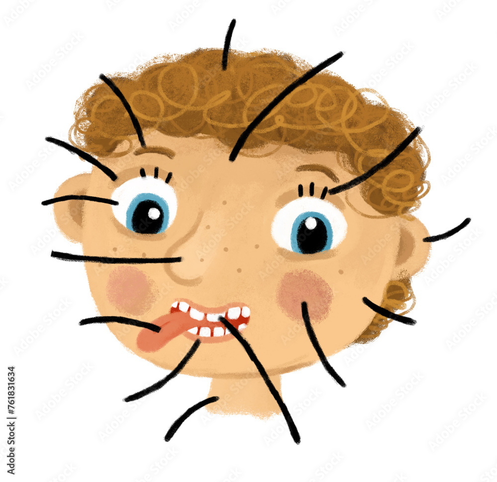 cartoon scene with young boy as anatomy model of body parts on white ...