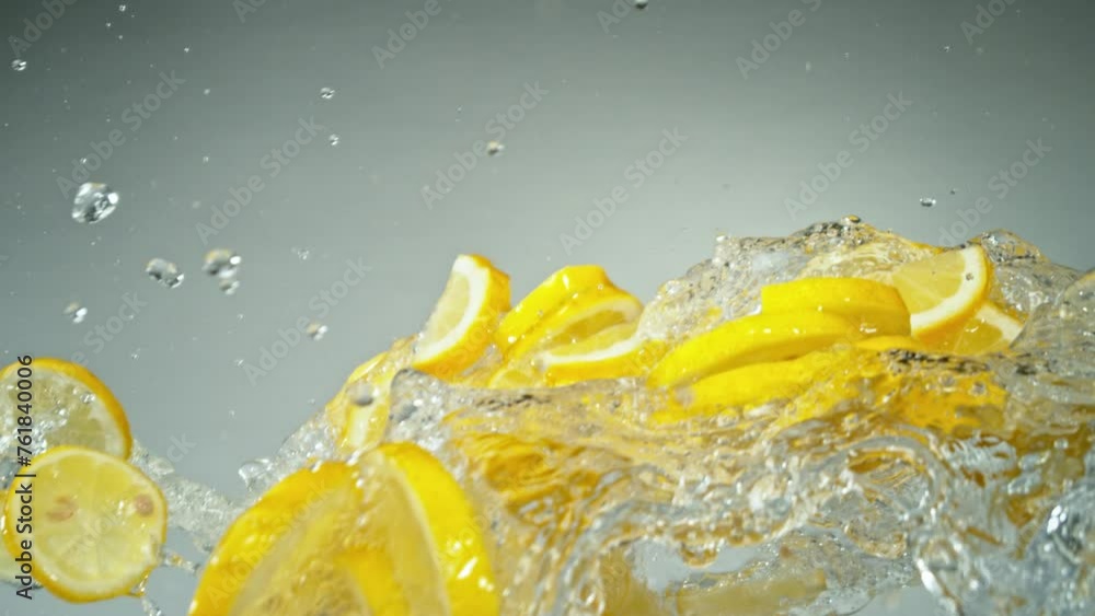 Super Slow Motion of Flying Lemon Slices with Water Splashes, Isolated ...
