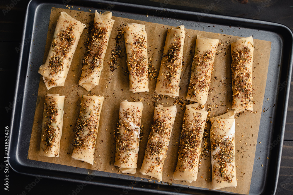 Unbaked Za'atar Spring Rolls on a Sheet Pan: Spring roll appetizers ...