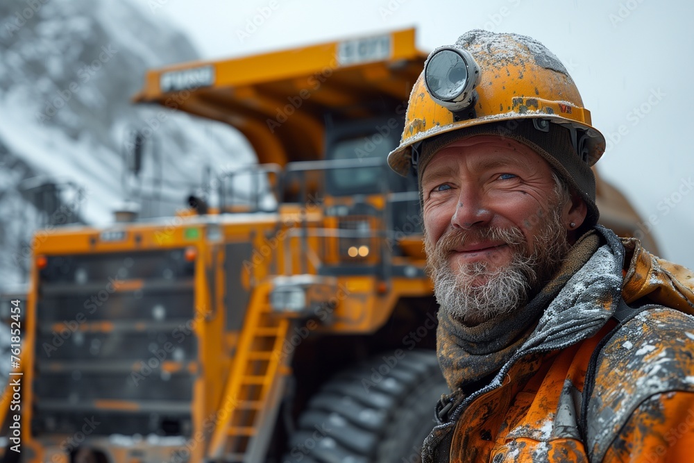 Miner standing proudly beside massive bulldozer in rugged industrial ...