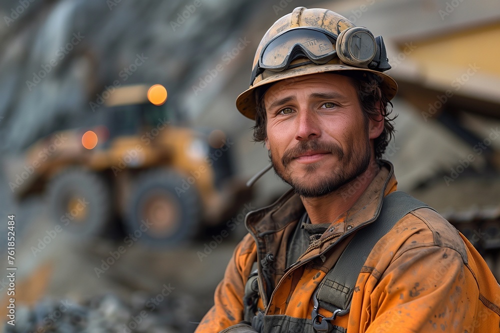Miner standing proudly beside massive bulldozer in rugged industrial ...
