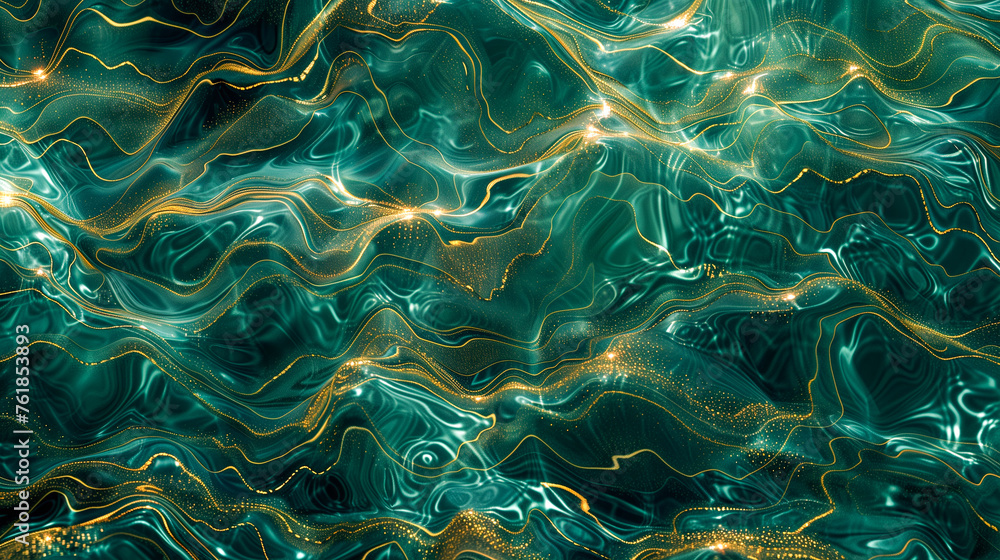 Elegant digital waves in a dance of green and aurous hues, a luxury ...