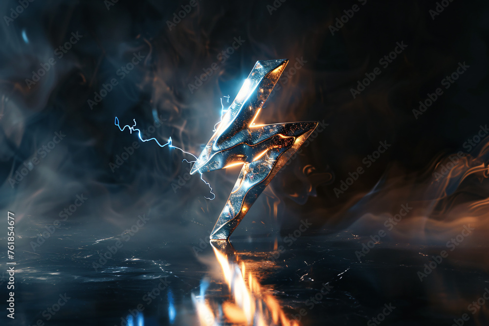 A metal lightning bolt surrounded by electrical sparks and smoke on a ...