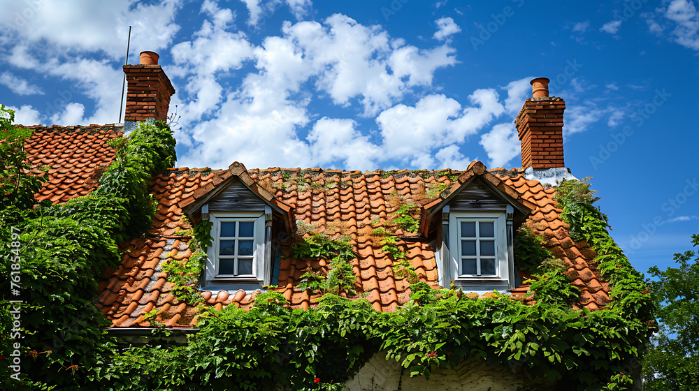 A traditional house roof with sloping angles covered in terracotta ...