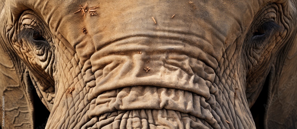 A detailed wood carving of an elephants face, showcasing the intricate ...