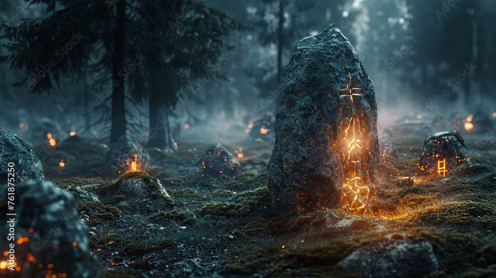Mysterious stone circle, glowing runes, deep forest clearing, mist ...