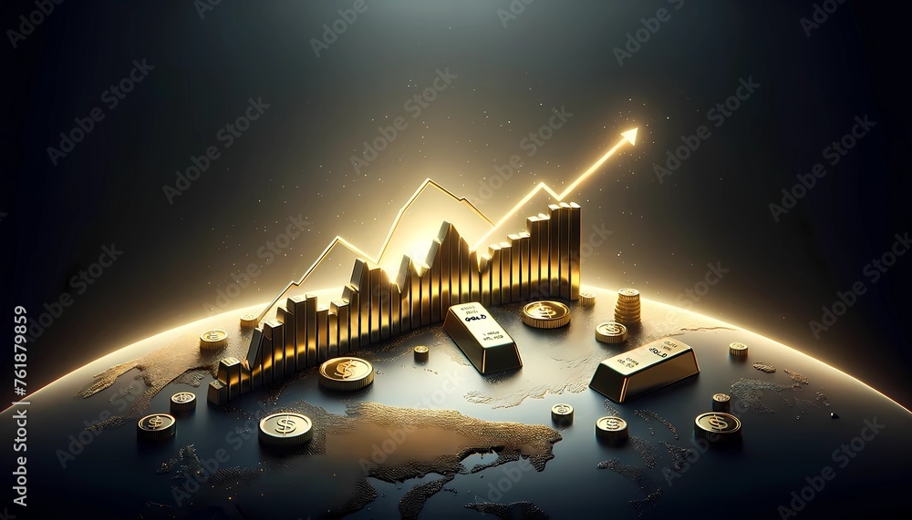 Gold bars and coins on a global map with rising graphs depicting ...