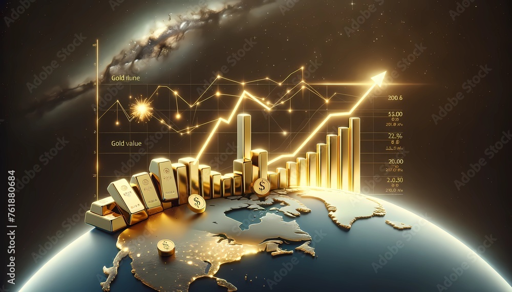 Gold bars and coins on a global map with rising graphs depicting ...