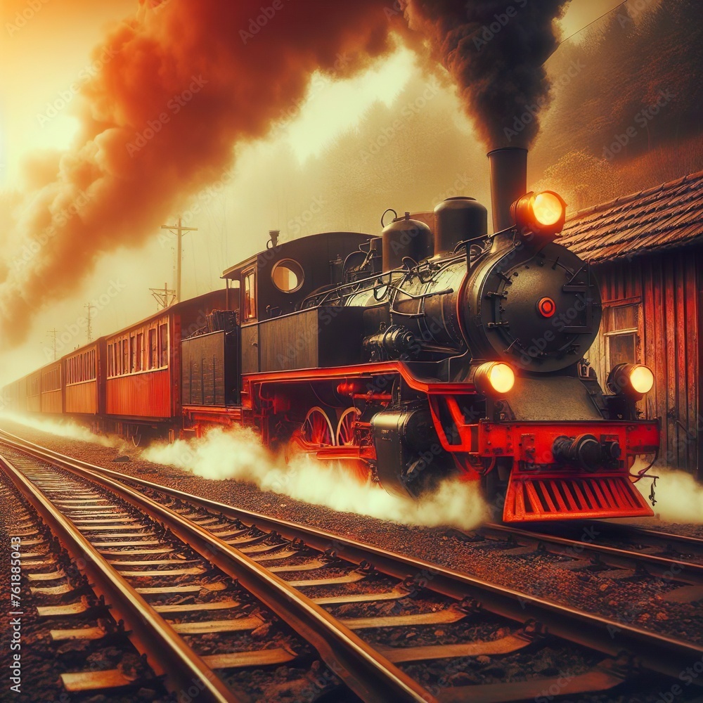 Vintage steam powered railway train in red smoke. Narrow gauge railway ...