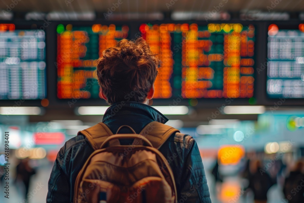 Confused traveler looking at flight information board in a crowded ...