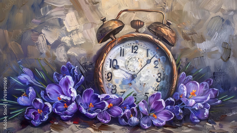 Vintage Alarm Clock Nestled Among Vibrant Purple Crocuses, Spring ...