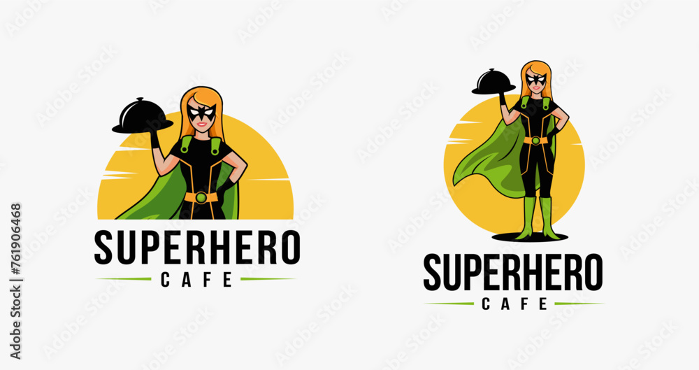 Cartoon mascot superhero waiter logo vector template, super service ...
