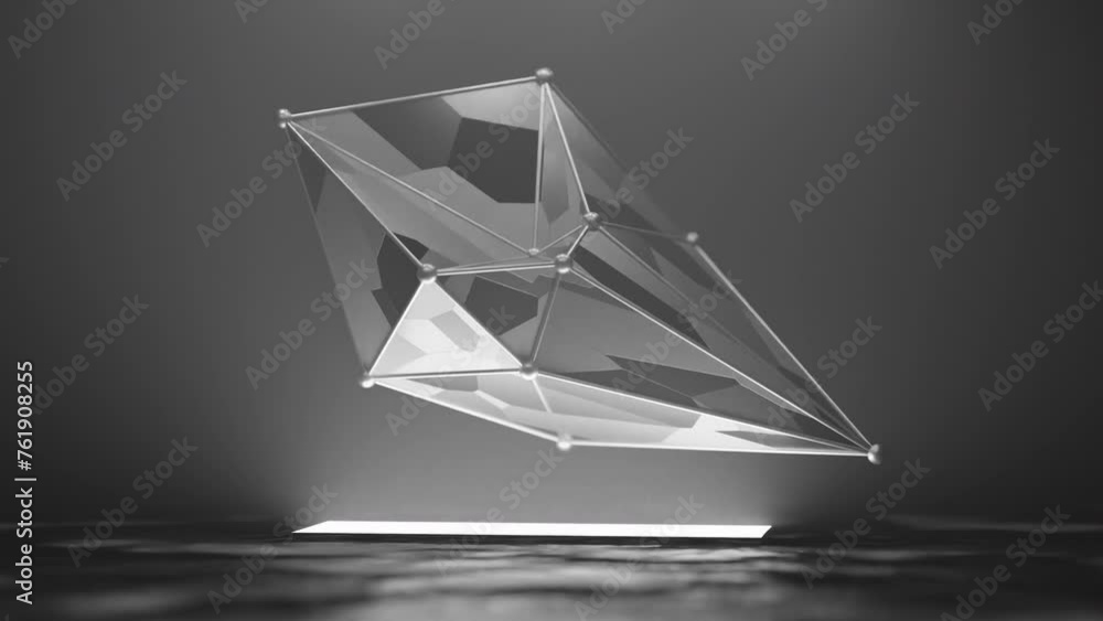 The video presents a 3D model of purple triangles floating in space ...