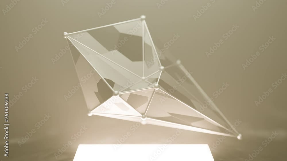 The video presents a 3D model of purple triangles floating in space ...