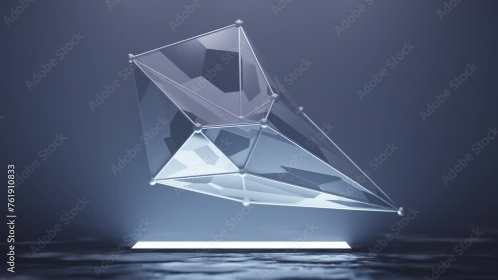 The video presents a 3D model of purple triangles floating in space ...