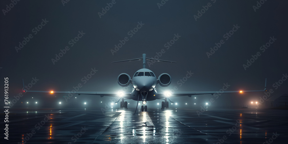 Passenger airplane takes off from the runway during rain Airport in ...