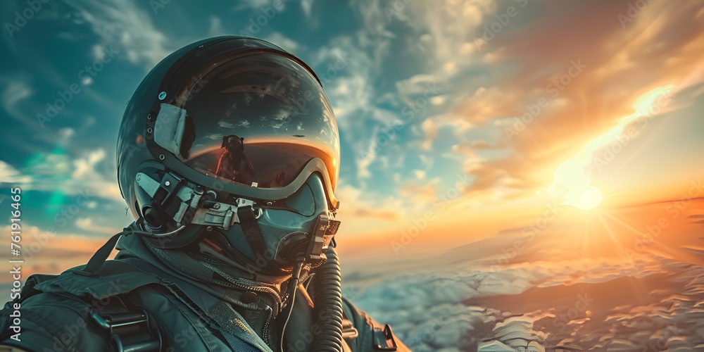 Head shot of fighter pilot flying on the high sky in the airspace for ...