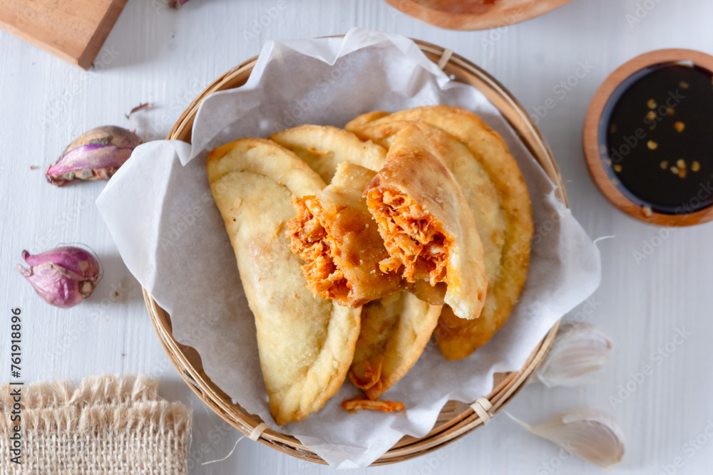 Cireng filled with spicy chicken, made from tapioca flour with stir ...