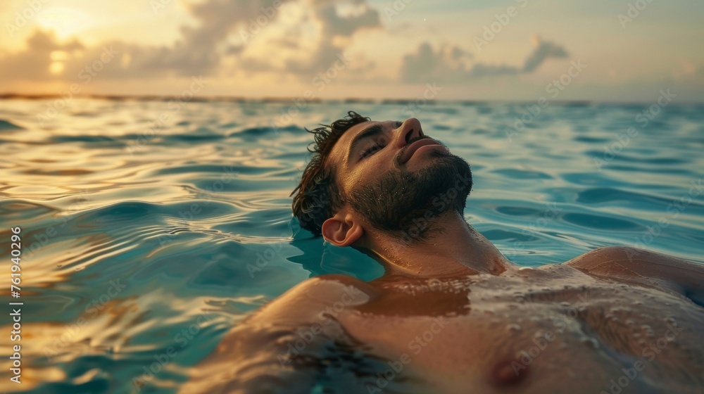 A man floats on his back in the tranquil water his eyes closed and a ...