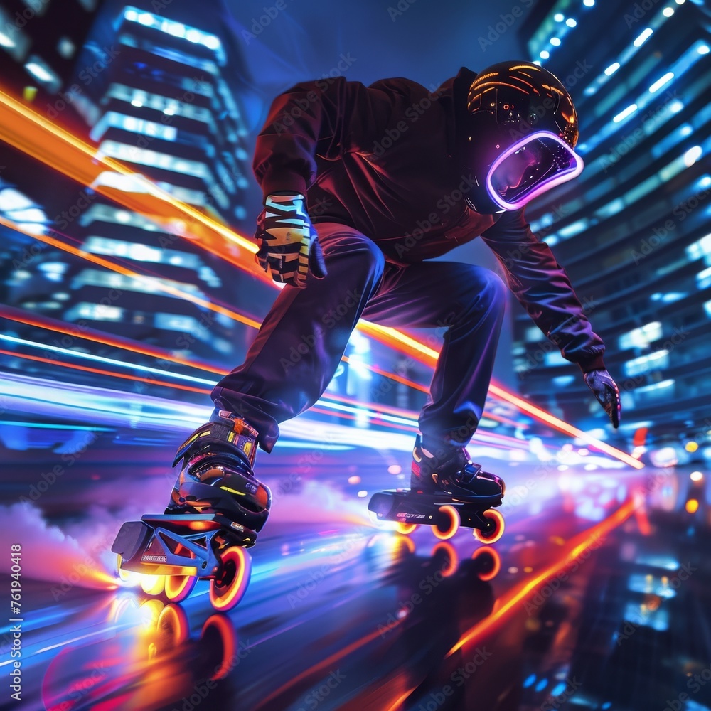Dynamic stance on jet propulsion rollerblades, emphasizing speed and ...