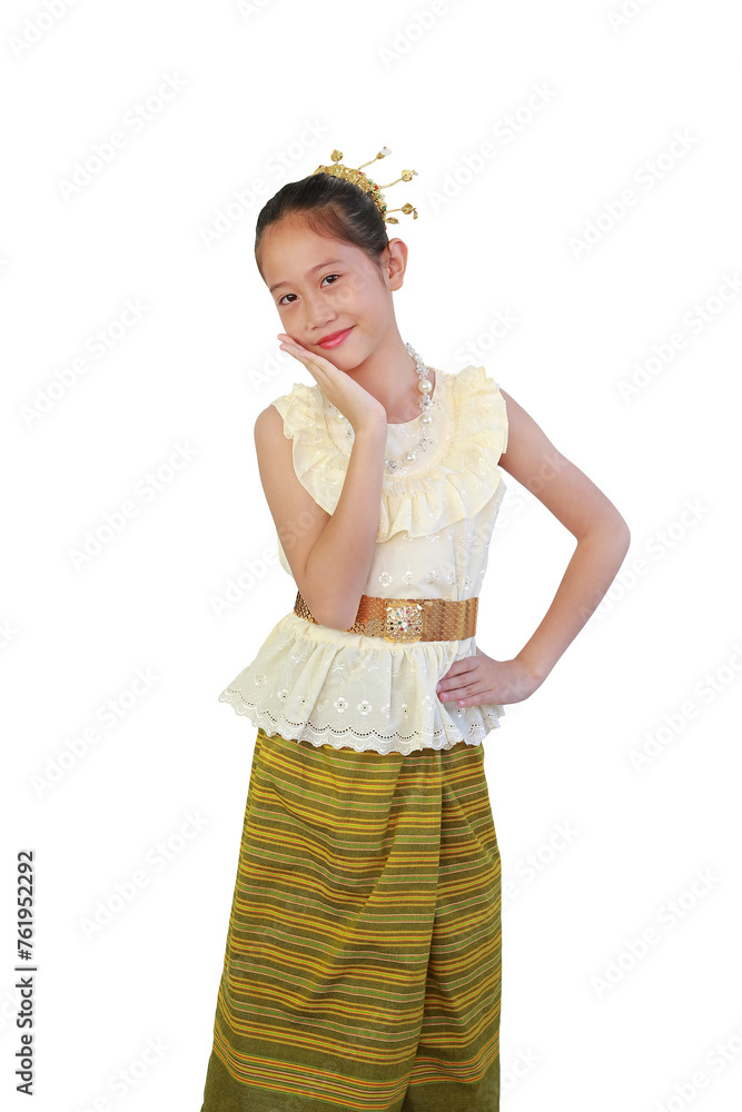 Beautiful Asian girl in traditional Thai costume dress doing shying ...