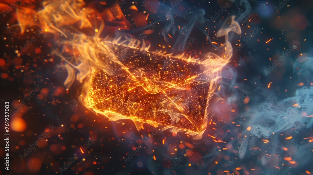 Animated email disintegrating into flames, surreal, vibrant contrast ...