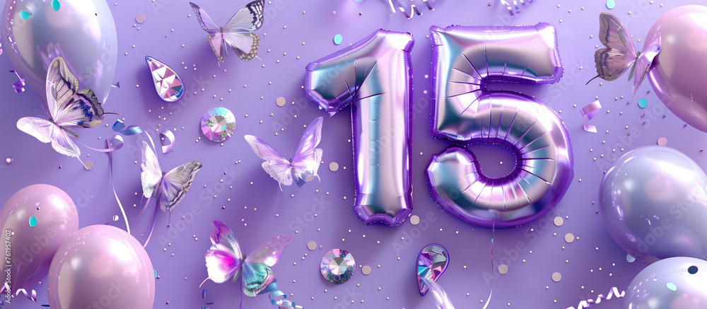 silver 15 birthday balloons on purple background surrounded by ...