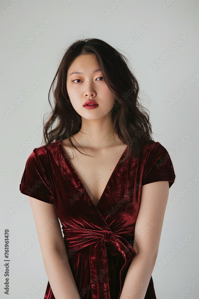 Portrait of a pretty young woman super model of Korean ethnicity draped ...