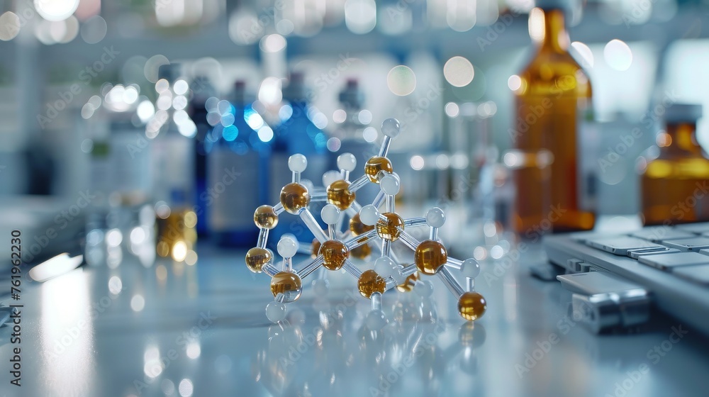 3D Molecular Structure Model with Reflective Golden and Silver Atoms in ...