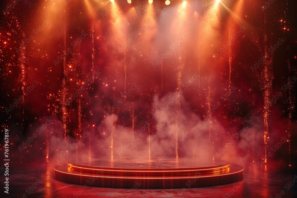 Empty red and gold burning festive stage with fire and light shines ...