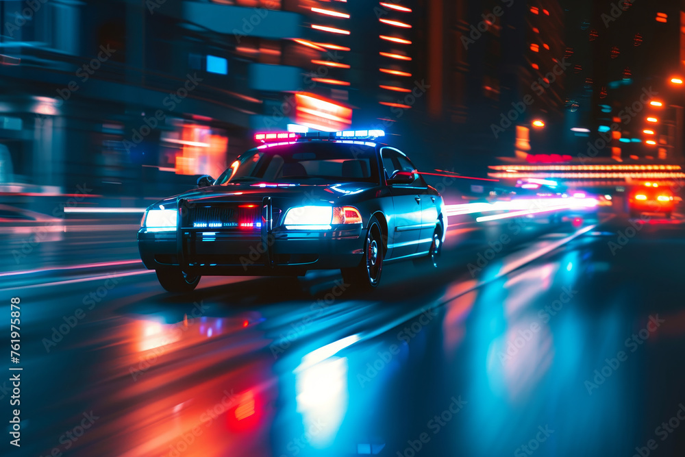 A police car with its sirens blaring in pursuit of a suspect. The car's ...