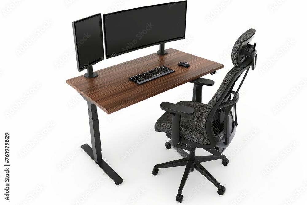 3D Render of home office setup with standing desk, dual monitors, and ...