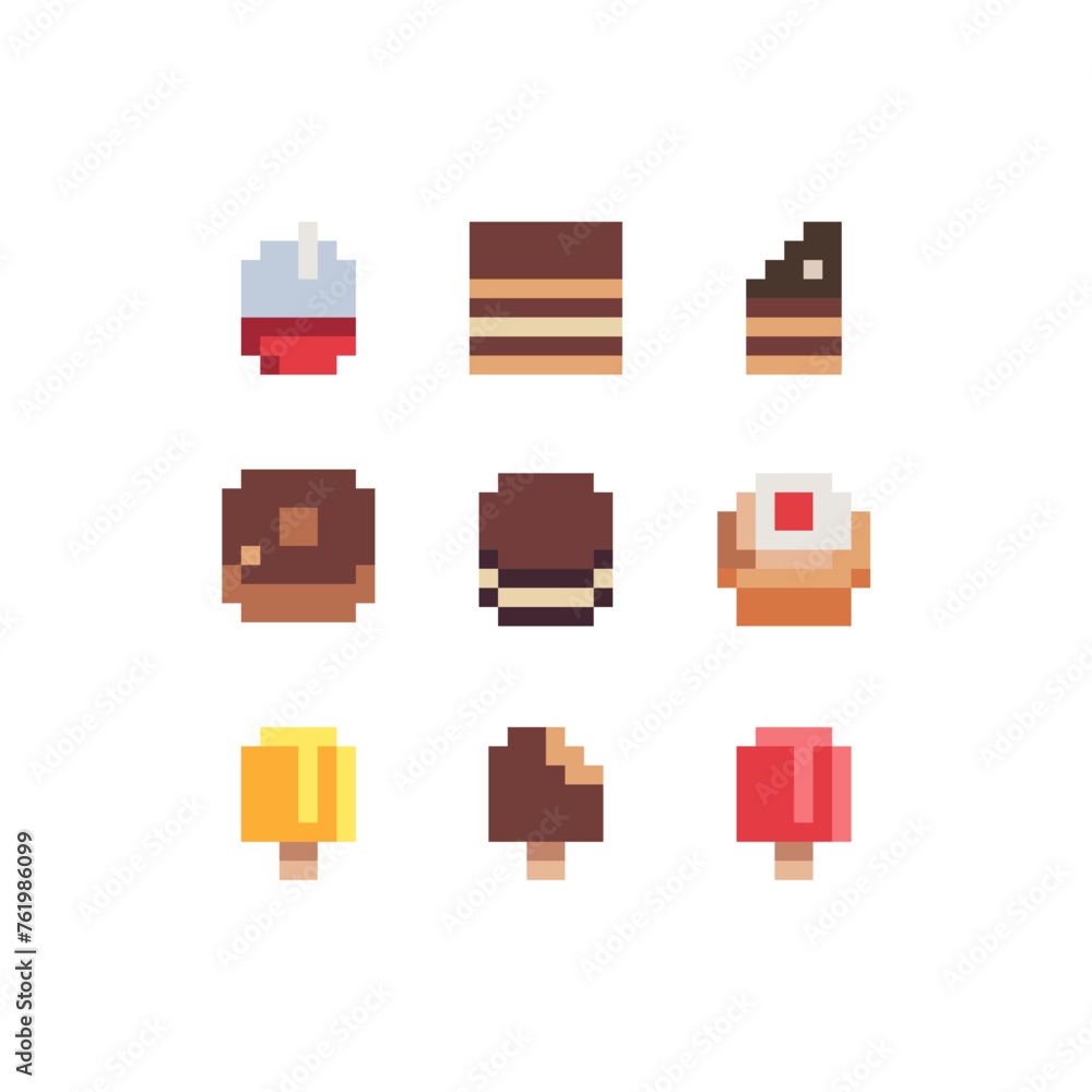 Sweets pixel art icons set. Sweet food, candies, chocolate, donut ...