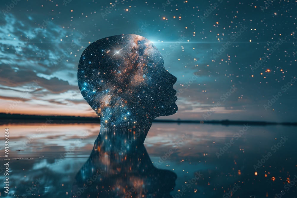 Under a starry night sky, a woman with a moonlit face transforms into a ...