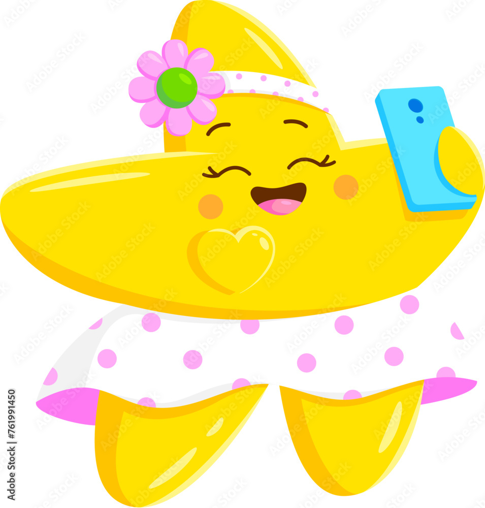 Cartoon kawaii star character takes a selfie. Isolated vector twinkle ...