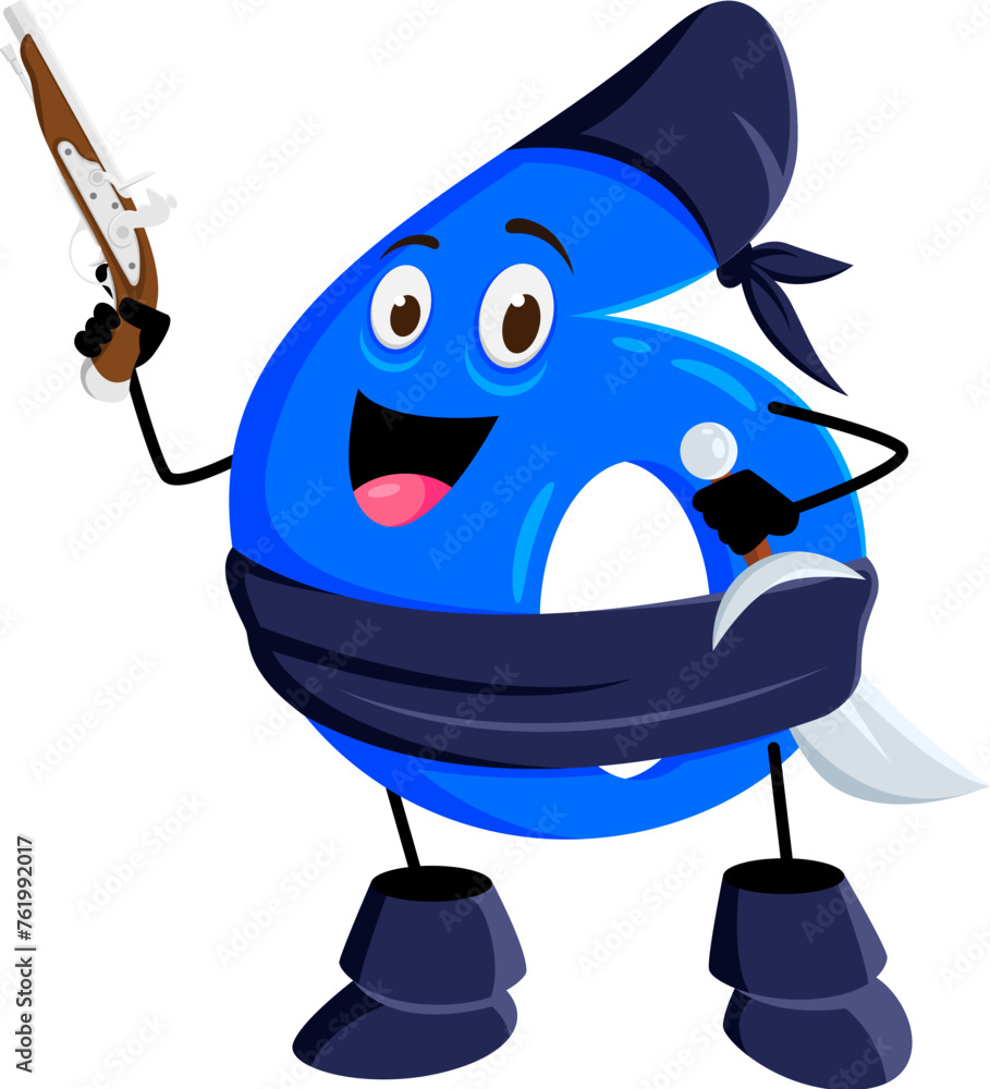 Cartoon math number six pirate captain and corsair sailor character ...