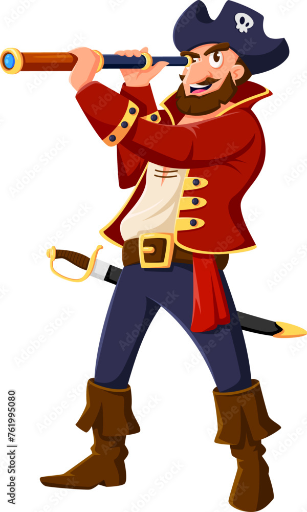 Cartoon pirate captain character with spyglass. Isolated vector sea ...