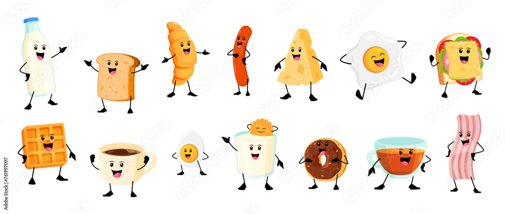 Cartoon cheerful breakfast characters. Vector set of milk bottle and ...