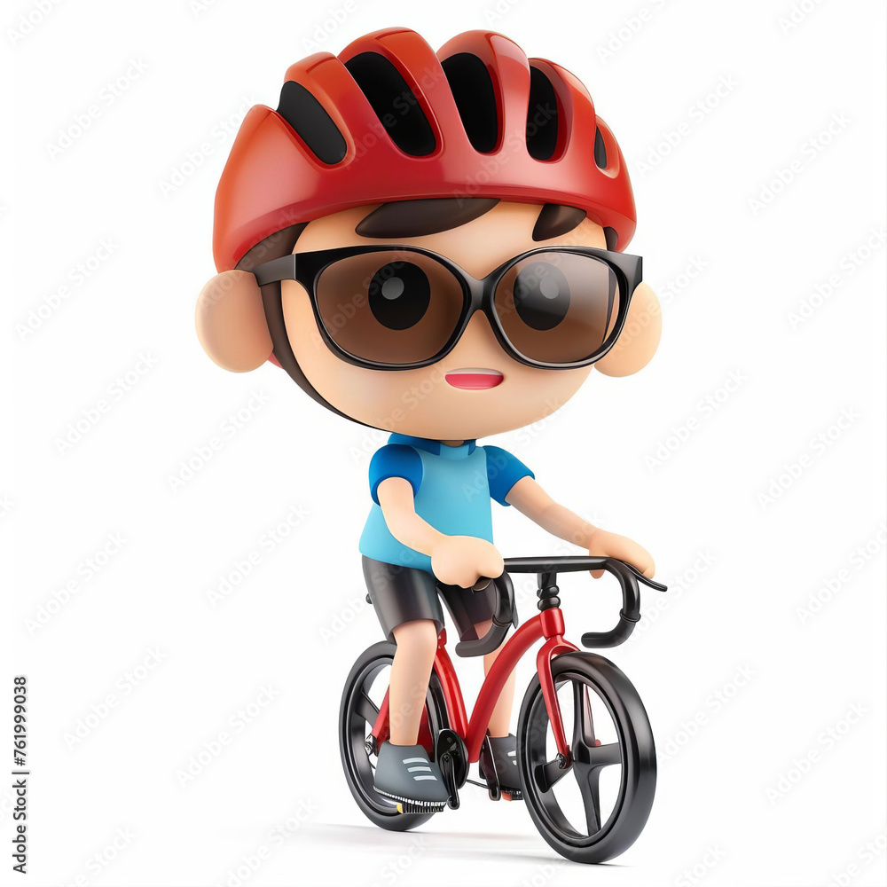 3D illustration of a cute cartoon character riding a bicycle, wearing a ...