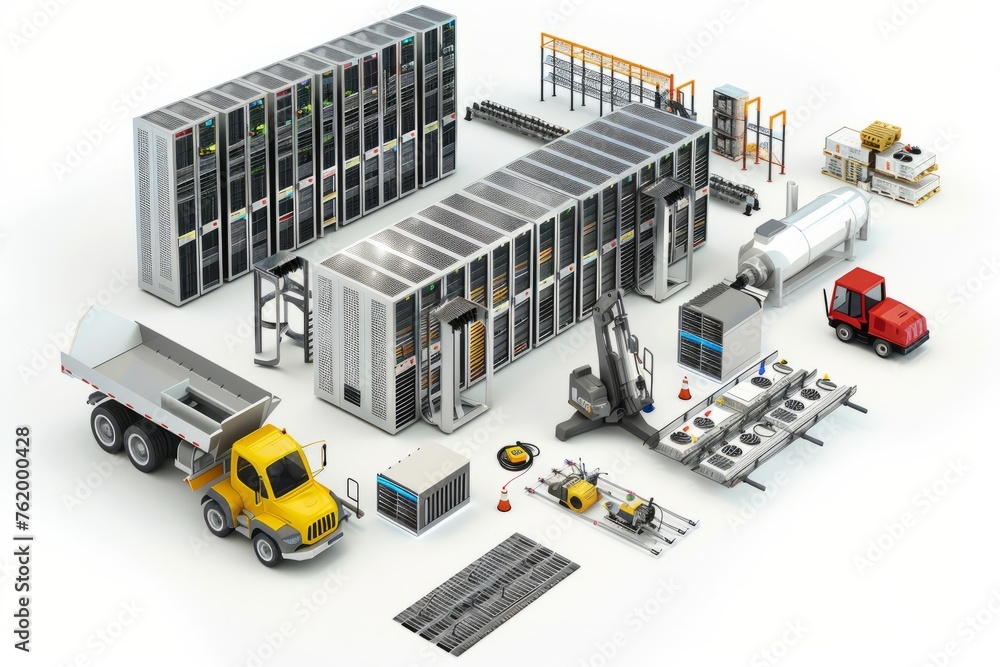 3D Render of data center being built, with server racks, cooling ...